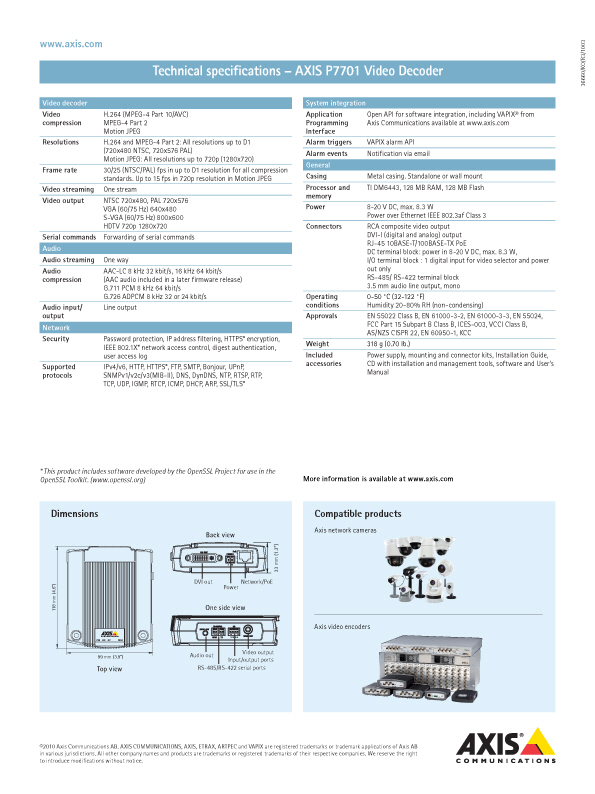 엑사통신-광모듈,안테나,무선랜,시리얼통신,케이블,SFP,GBIC,POF,AOC - AXIS P7701 네트워크 비디오 디코더